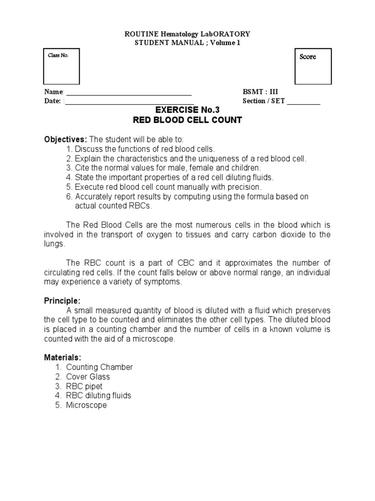 Exercise 3 RBC Count | PDF | Red Blood Cell | Blood