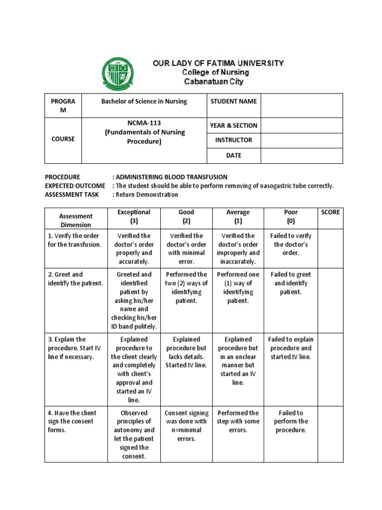 Rubrics For Preparing Blood Transfusion | PDF | Blood Type | Patient