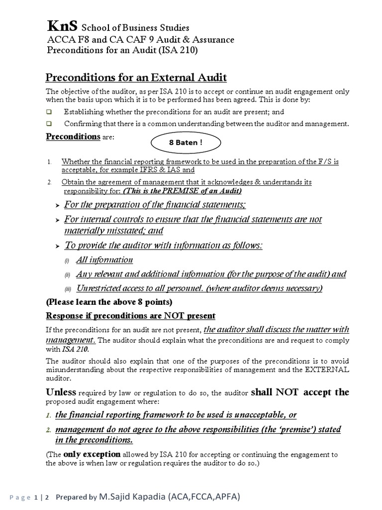 Preconditions (ISA 210) 2020 | PDF | Financial Audit | Financial Statement