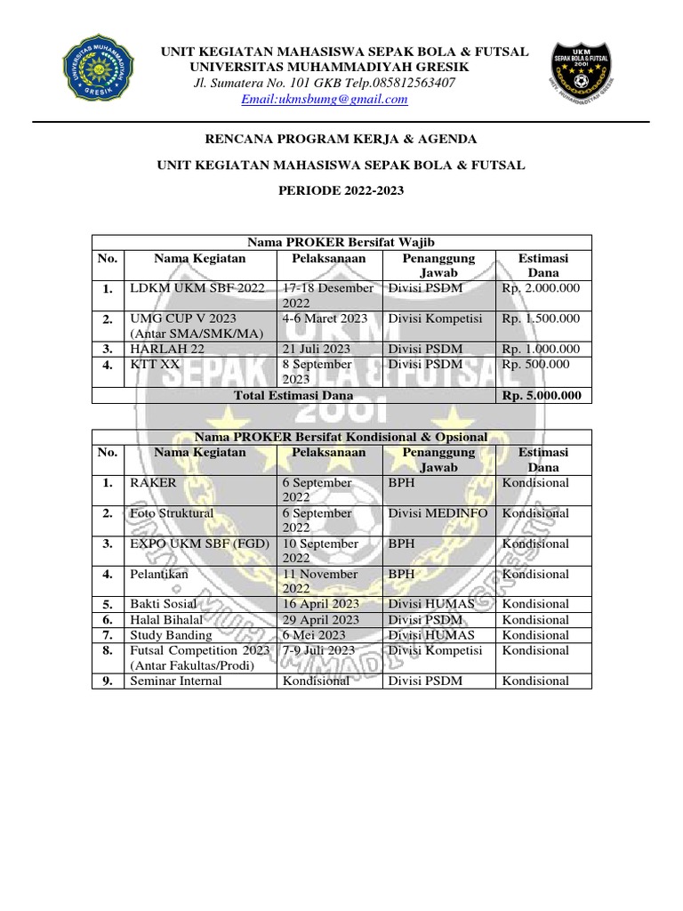 Rencana Program Kerja Ukm SBF 2022-2023 | PDF