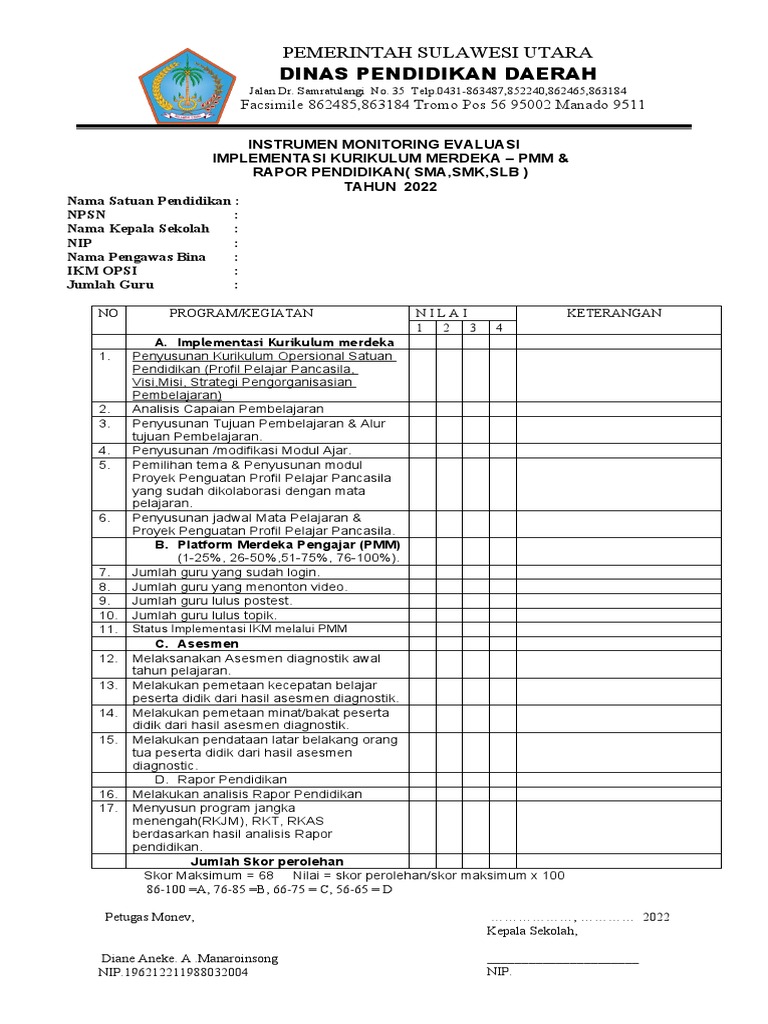 INSTRUMEN MONEV IKM - Rapor P2022 SMA, SMK, SLB | PDF