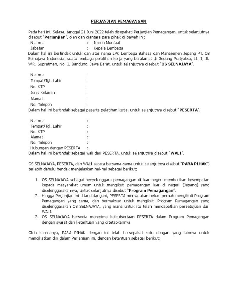 Surat Perjanjian Program Magang (Isuzu) | PDF