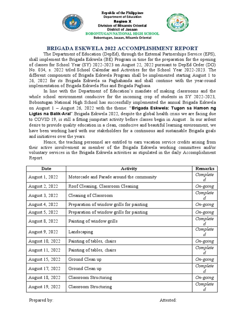 Brigada Accomplishment Report | PDF