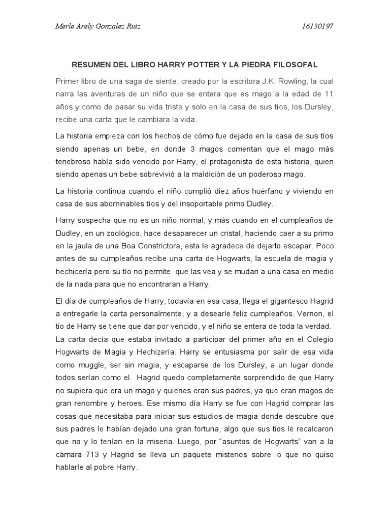 Resumen de Harry Potter y la Piedra Filosofal | PDF | Novelas de ...