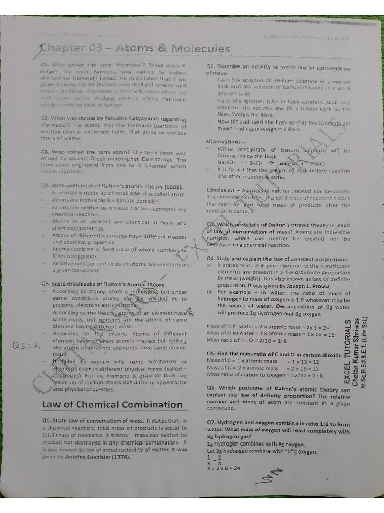 Atoms and Molecules Notes | PDF