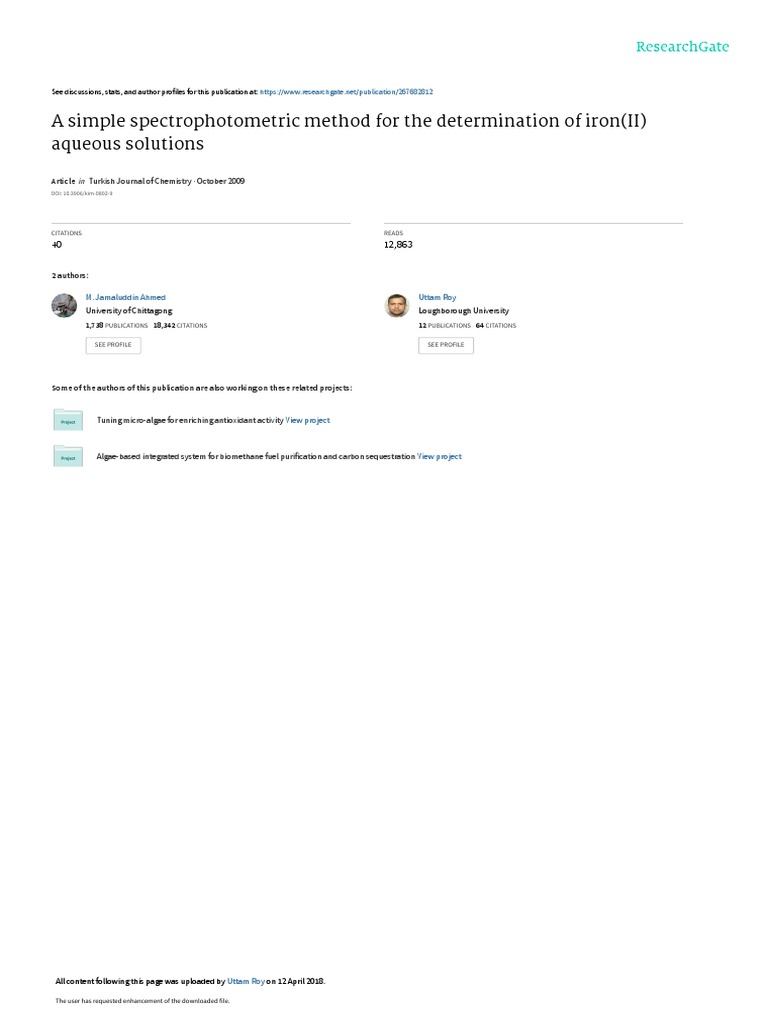 A Simple Spectrophotometric Method For The Determi Pdf Ph Iron