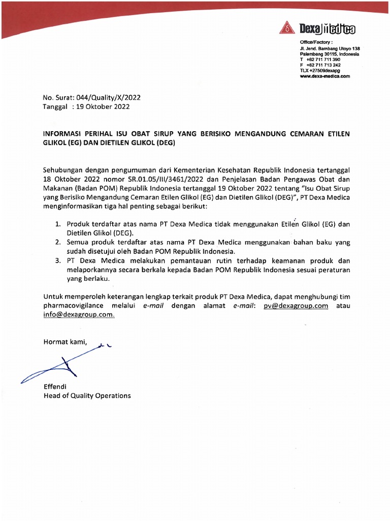 Surat Keterangan Produk Sirup Dexa Medica | PDF