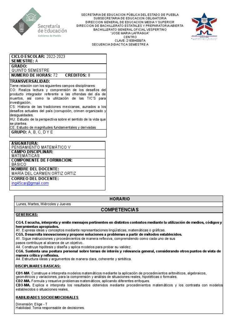 Sec - Hab - Mate V - Carmen - Ortiz - 5 - Sem - A | PDF | Derivado | Evaluación