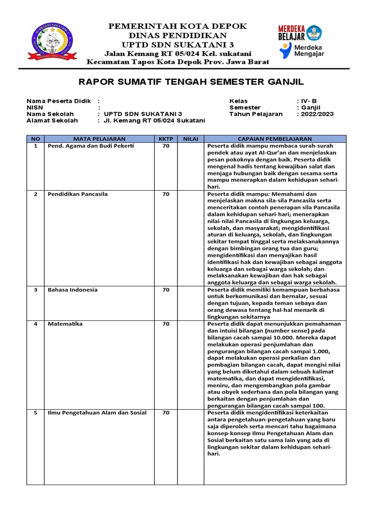 Contoh Rapor Sts Kurikulum Merdeka | PDF