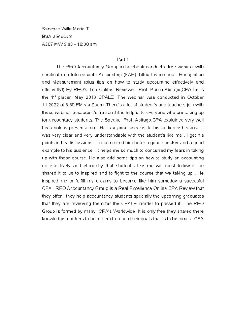 Reflection PAPER in REO WEBINAR | PDF | Inventory | Financial Economics