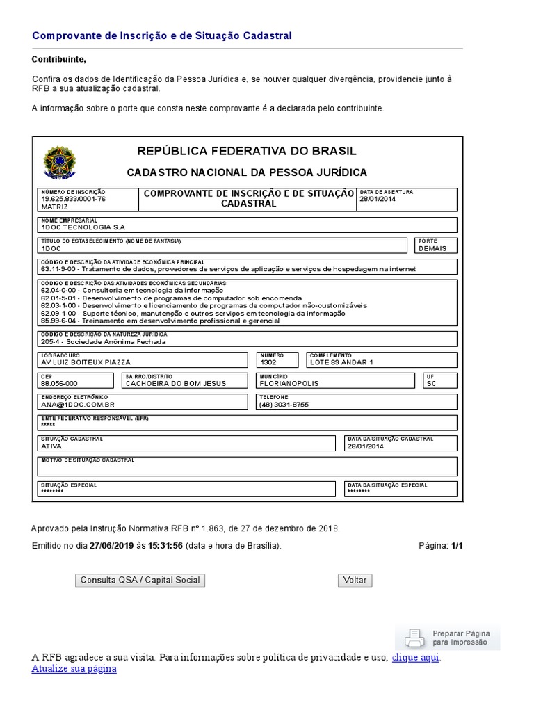 Cartão CNPJ Receita Federal Do Brasil | PDF | Informática