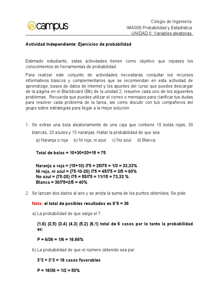 Probabilidad y Estadística: Ejercicios de probabilidad básicos para repasar herramientas | PDF ...