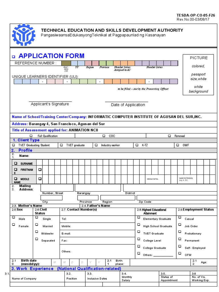 TESDA OP CO 05 F26 Application Form For Assessment | PDF