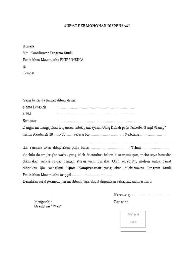 Surat Permohonan Dispensasi Pembayaran | PDF