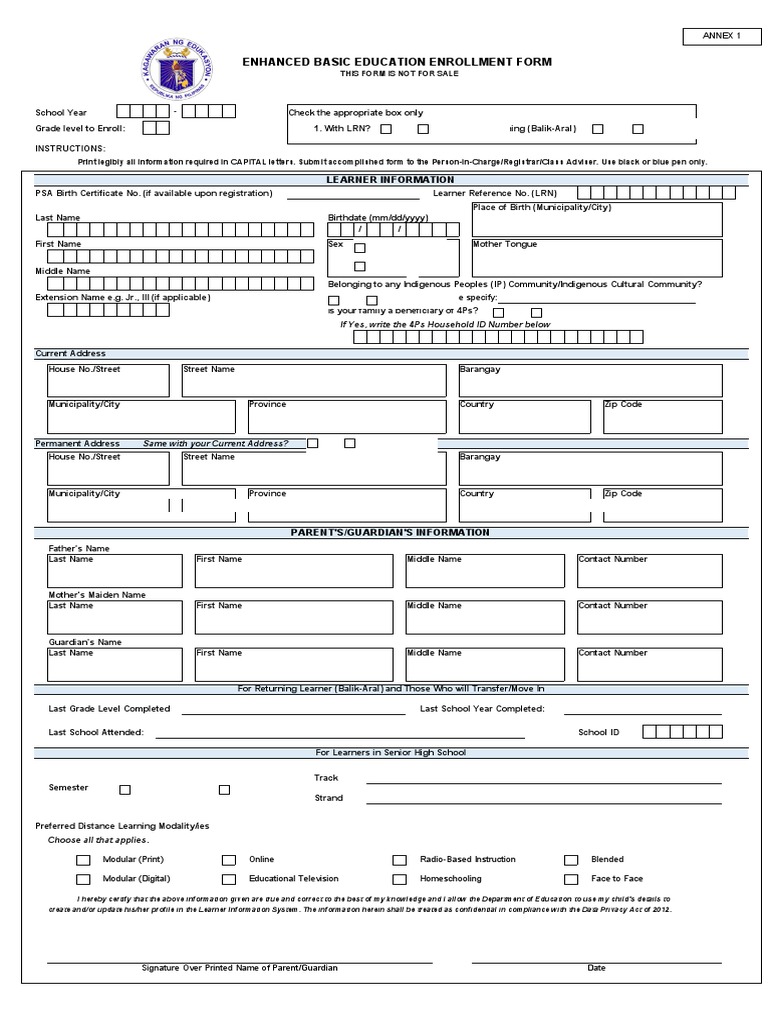 Enhance Basic Education Enrollment Form | Download Free PDF | Learning