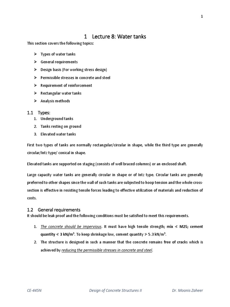 Lecture On Water Tank | PDF | Strength Of Materials | Concrete