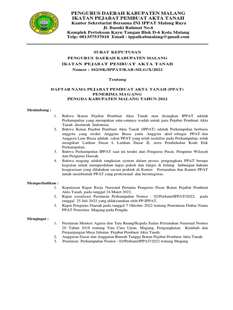 Surat Keputusan Pengda IPPAT Daftar Nama PPAT Penerima Magang | PDF