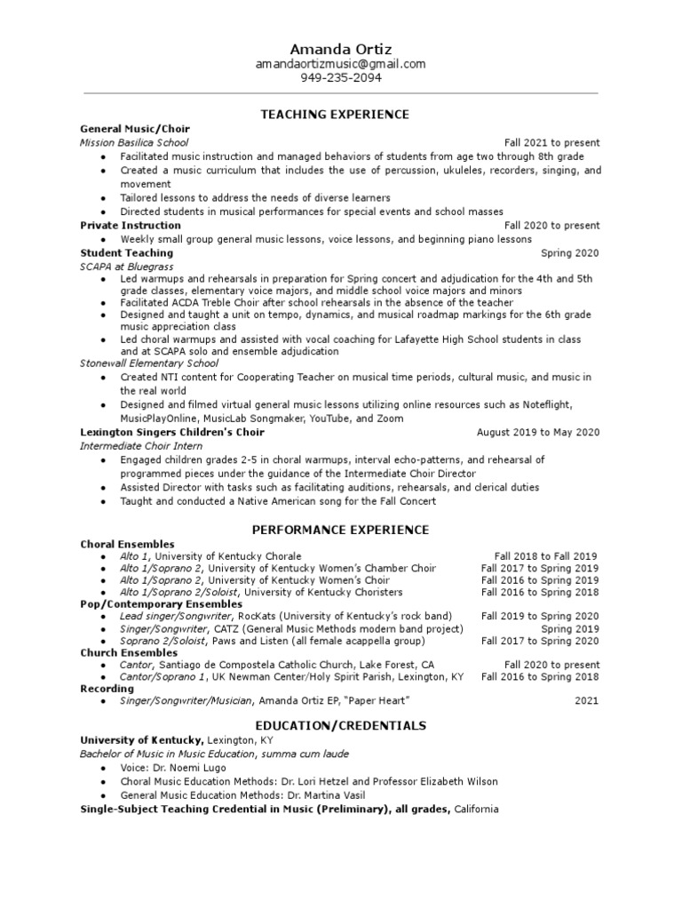 Teaching Performance Resume As of 102522 | PDF | Choir | Middle Schools