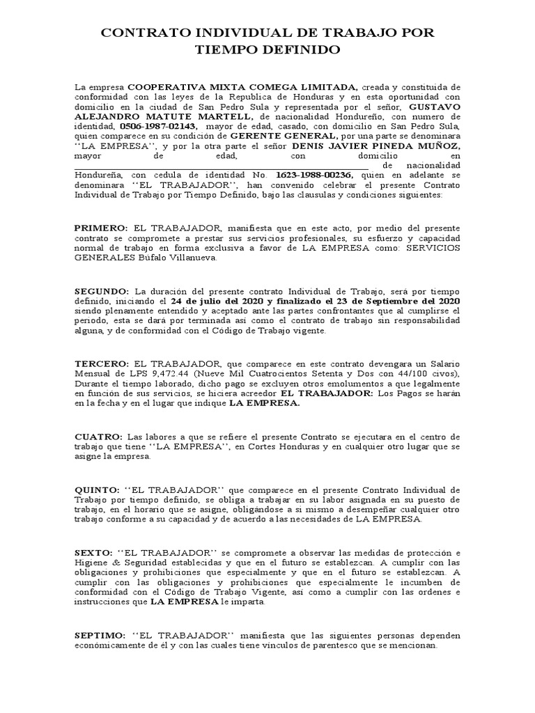 Contrato Individual de Trabajo Por Tiempo Definido | PDF | Business ...