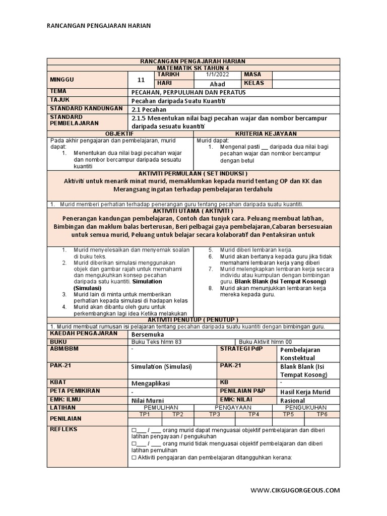 RPH MINGGU 11 MATEMATIK THN 4 BY CIKGU GORGEOUzz | PDF