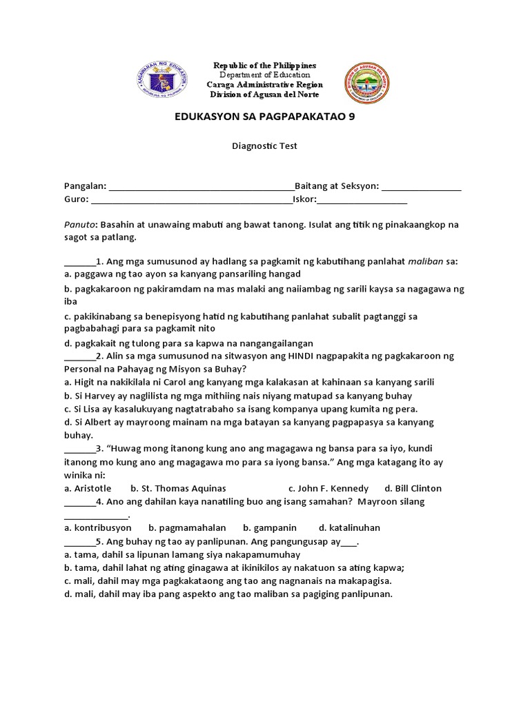 Diagnostic Test in ESP 9 2022 | PDF