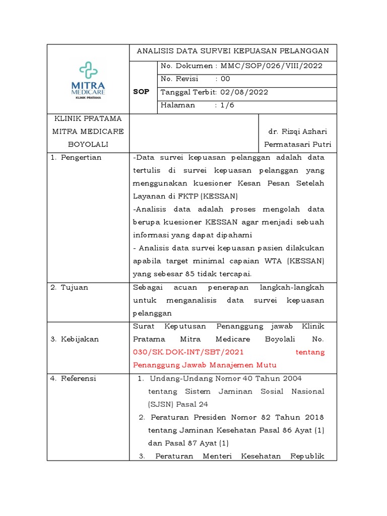 SOP Analisis Data Survei Kepuasan Pelanggan Klinik Pratama MMC Boyolali | PDF | Bisnis ...
