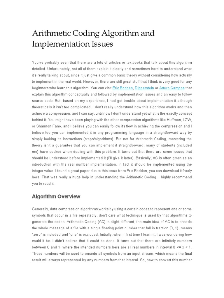 Arithmetic Coding Algorithm And Implementation Issues Pdf Data Compression Code