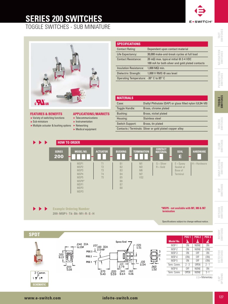 Series 200 Switches: Toggle Switches - Sub Miniature | PDF | Switch | Components