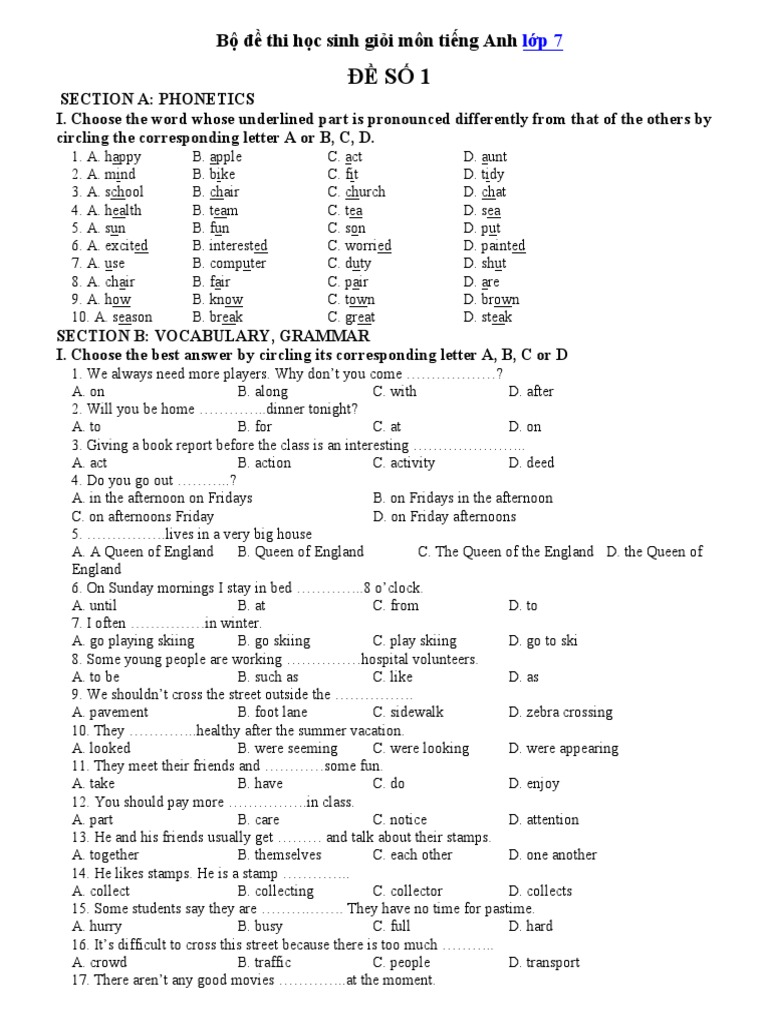 Bo de Thi HSG Tieng Anh 7 | PDF | Ellipsis