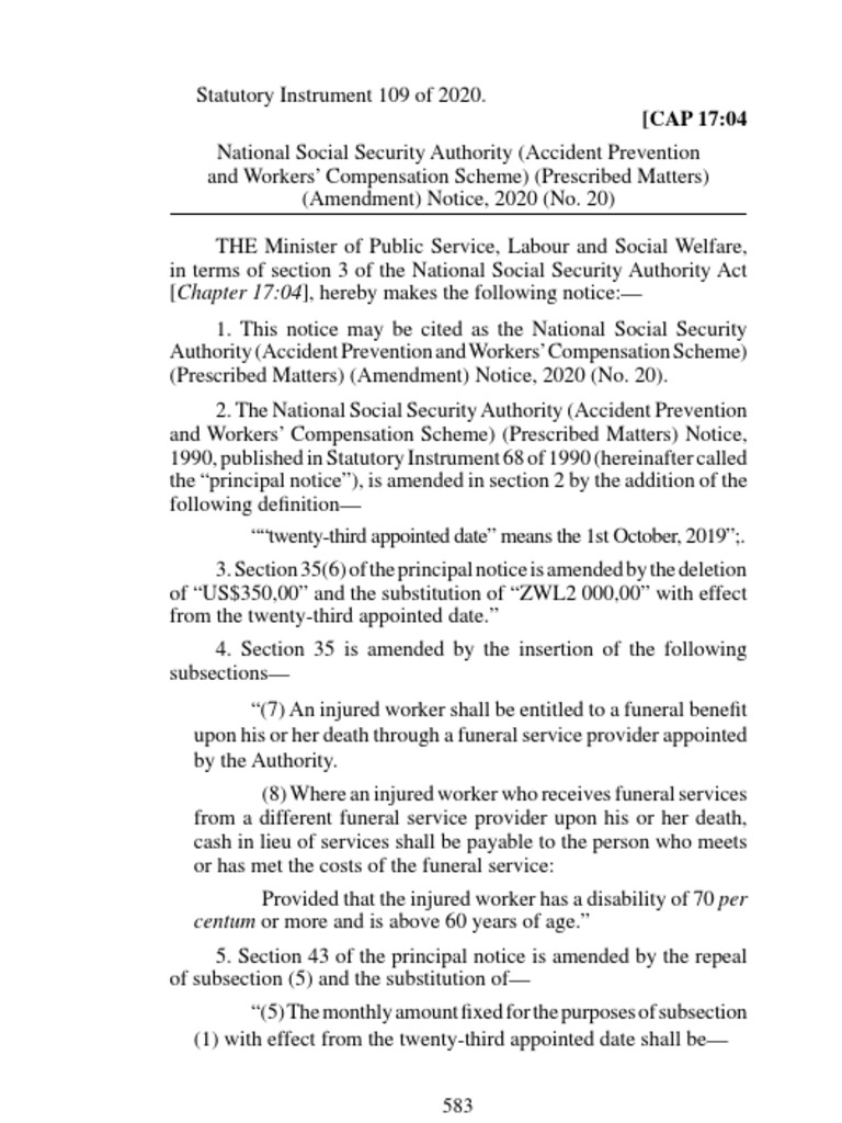 SI 2020-109 National Social Security Authority (Accident Prevention and ... SI 2020-109 National Social Security Authority (Accident Prevention and ...