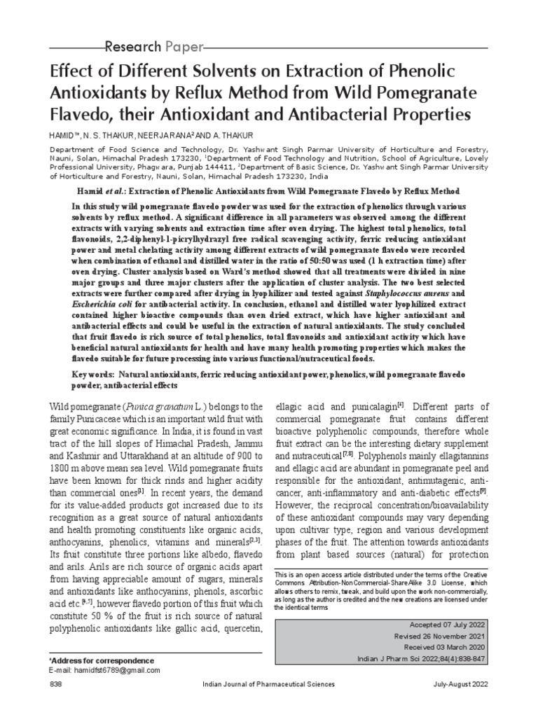 Effect of Different Solvents On Extraction of Phenolic Antioxidants by ...