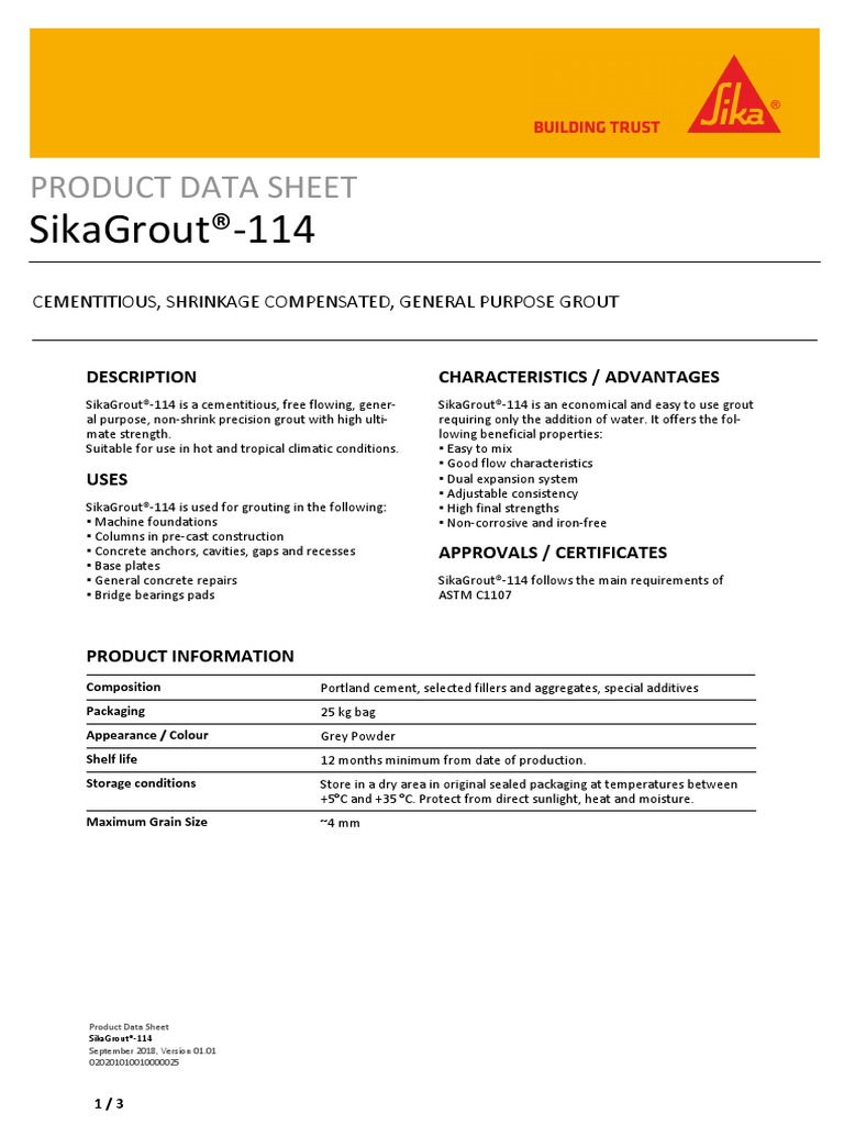 Sikagrout - 114 | PDF | Concrete | Cement
