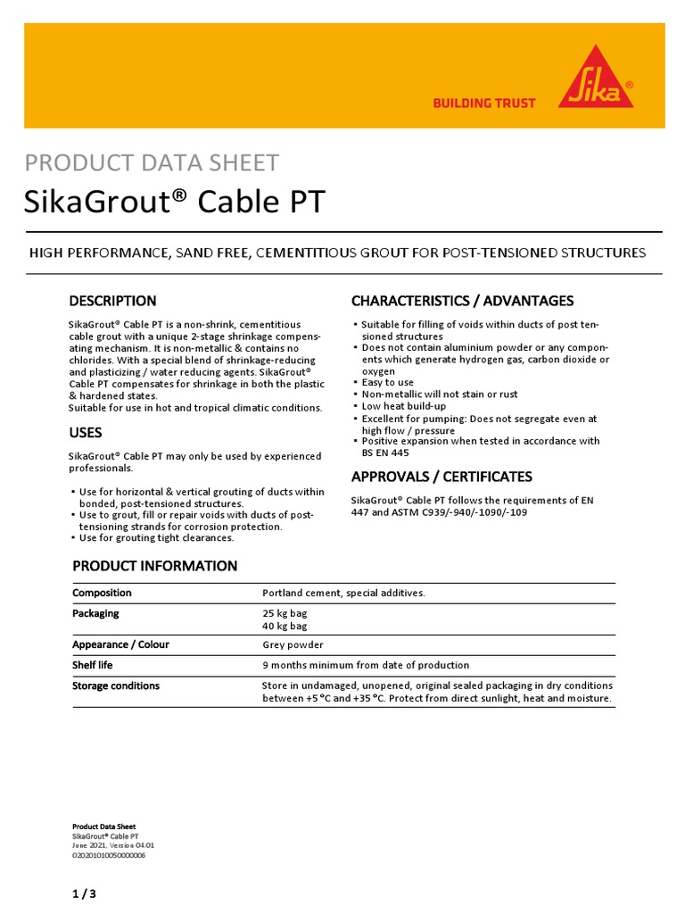 Sikagrout Cable PT | Download Free PDF | Cement | Prestressed Concrete