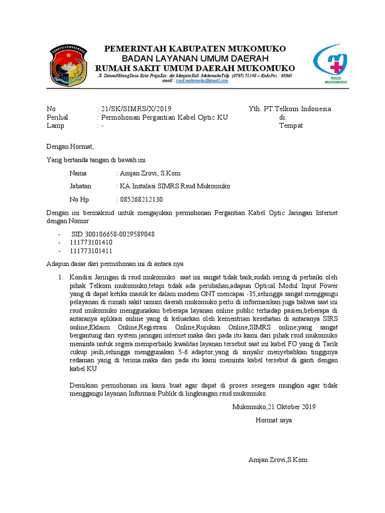 Surat Permohonan Pergantian Kabel Optic | PDF
