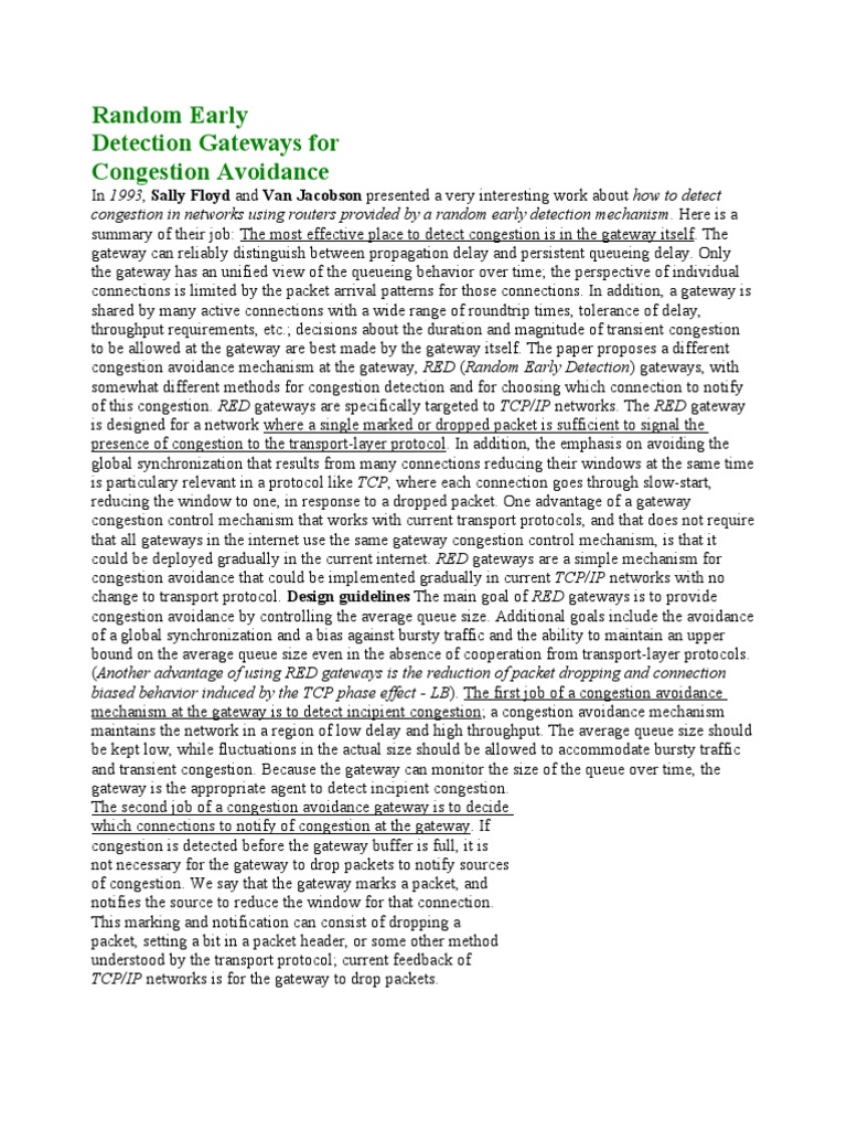 Random Early Detection Gateways For Congestion Avoidance Pdf Network Congestion