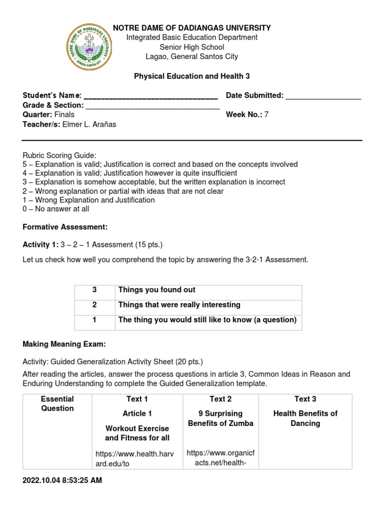 PEH 3-Week 7 Worksheet-Template-22-23 | PDF | Physical Fitness | Health ...