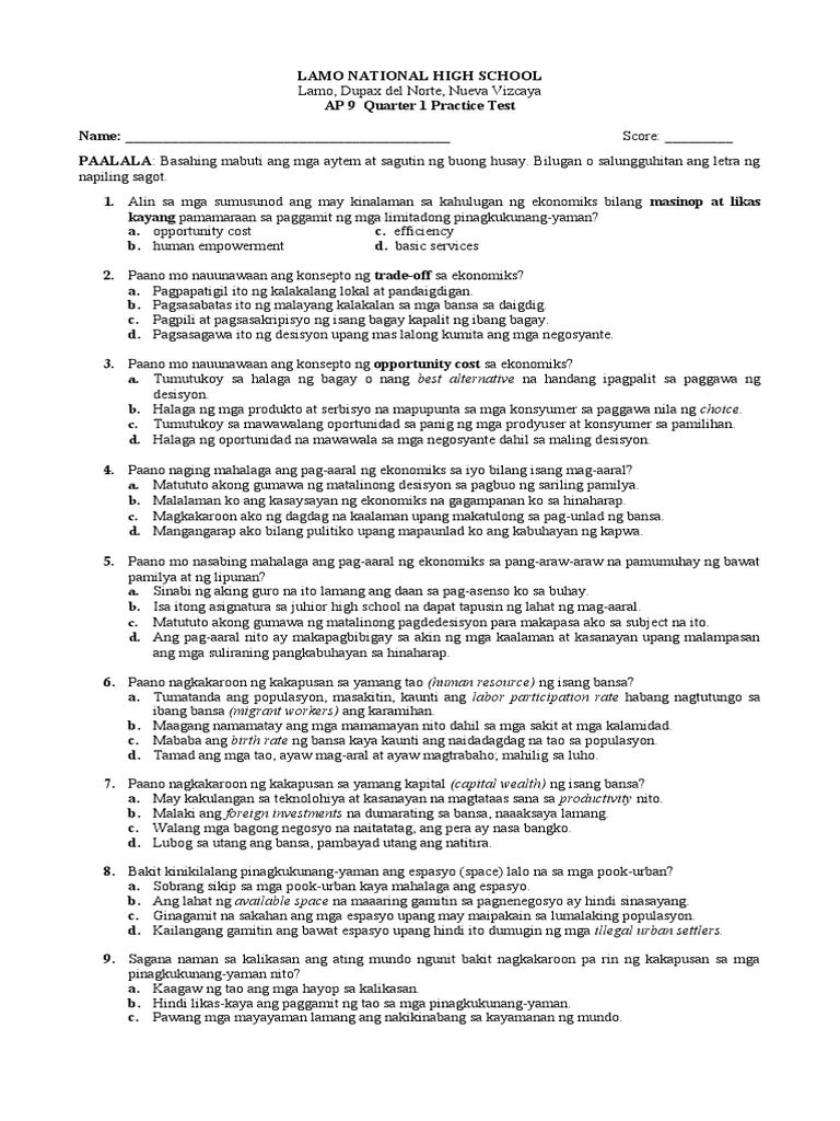 Q1 Practice Test AP9 2022 | PDF