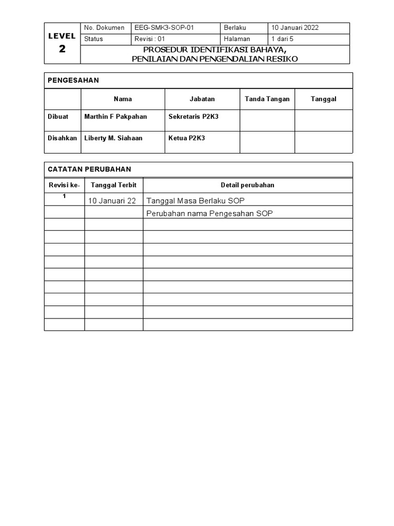 Eeg-Smk3-Sop-01 Identifikasi Bahaya, Penilaian Dan Pengendalian Resiko | PDF