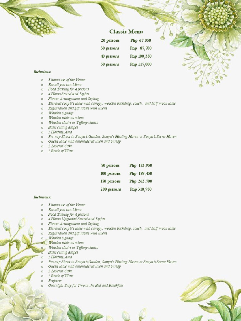 Classic Menu: Inclusions | PDF | Food And Drink | Cuisine