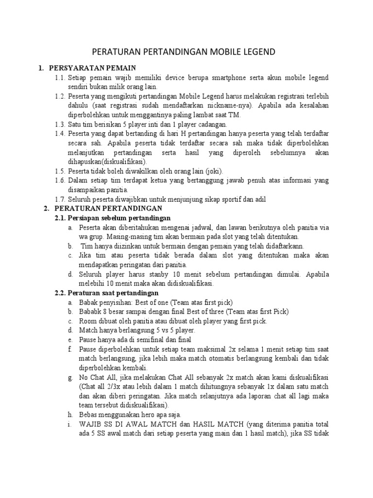 Peraturan Pertandingan Mobile Legend SPC | PDF
