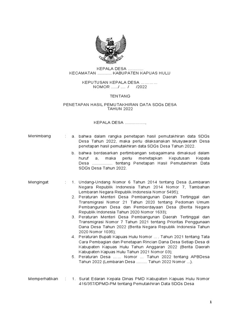Contoh - Perkades Penetapan Data SDGs Desa KH 2022 | PDF