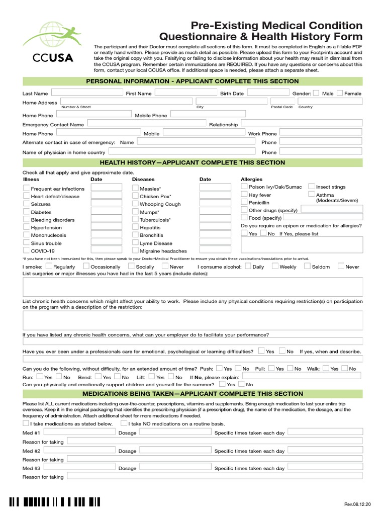 Pre-Existing Medical Conditions Form | PDF | Dose (Biochemistry ...