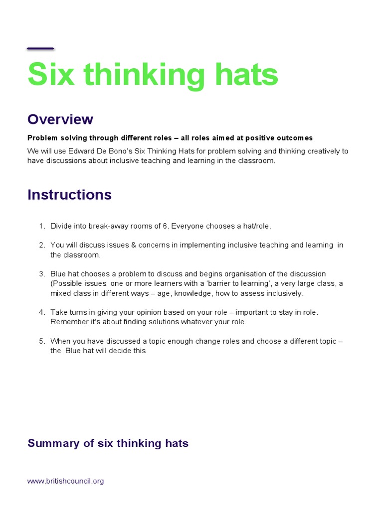 Six Thinking Hats Exercise | PDF