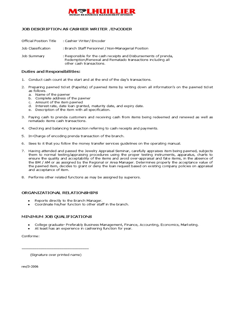 Branch Staff Job Descriptions Overview | PDF | Pawnbroker | Receipt