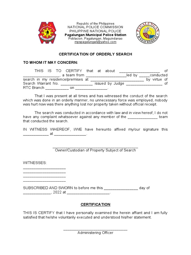 Certification of Orderly Search | PDF | Social Science | Law