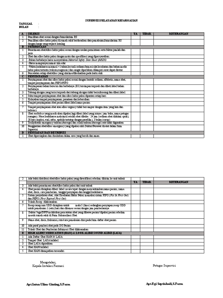Form Ceklist Supervisi Pelayanan Kefarmasian | PDF