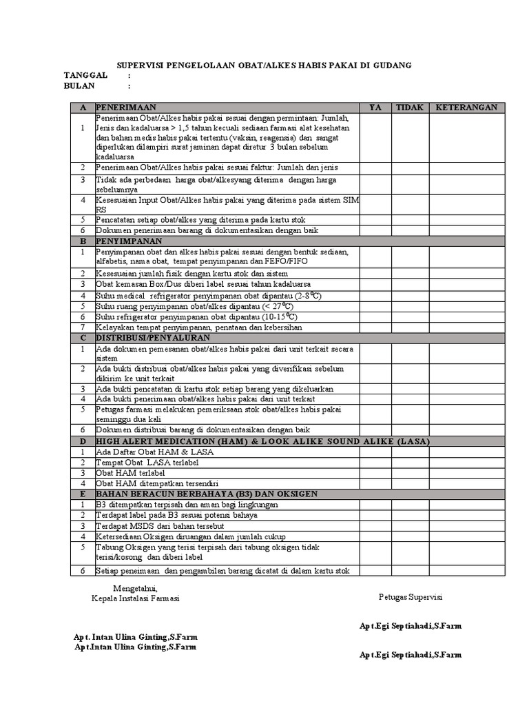 Form Ceklist Supervisi Gudang Obat | PDF | Kesehatan Holistik