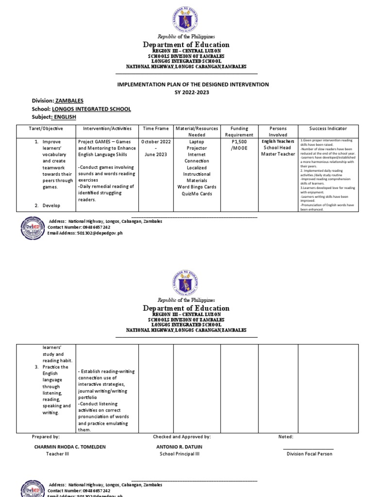 Implementation Plan of The Designed Intervention - English | PDF ...