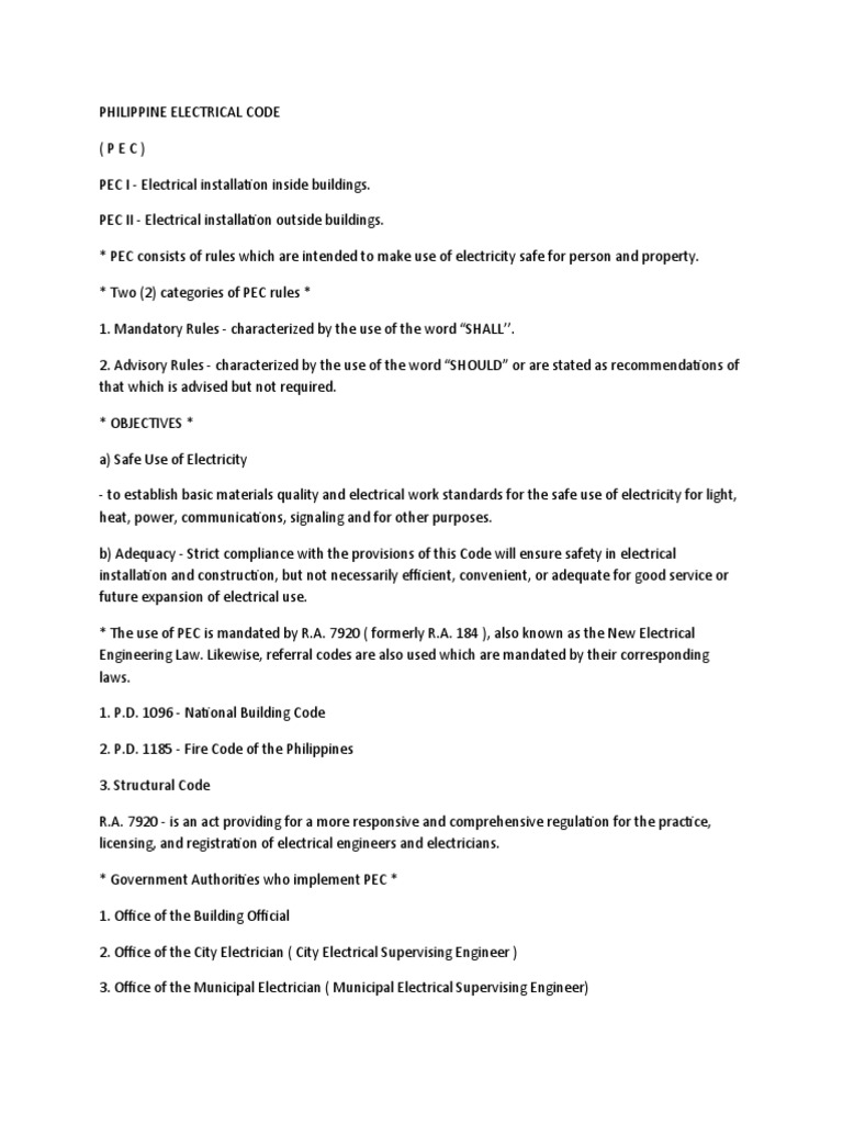 Philippine Electrical Code Summary | PDF | Electrical Wiring | Fuse ...