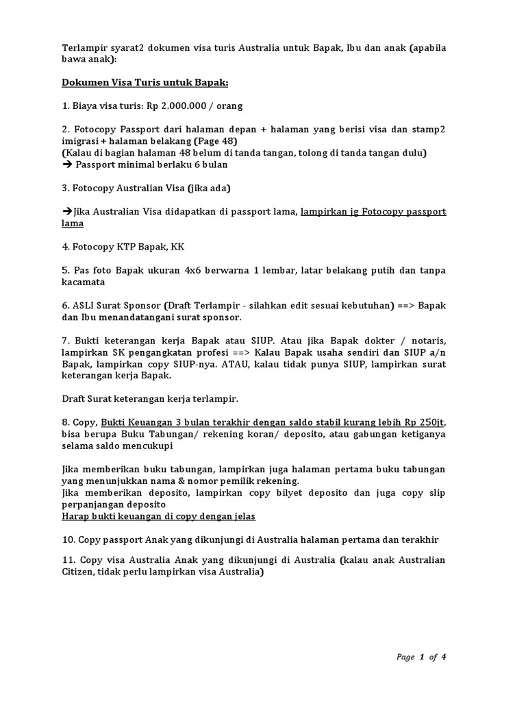 Syarat Dokumen Visa Turis (3 Orang - Bapak, Ibu, Anak) | PDF